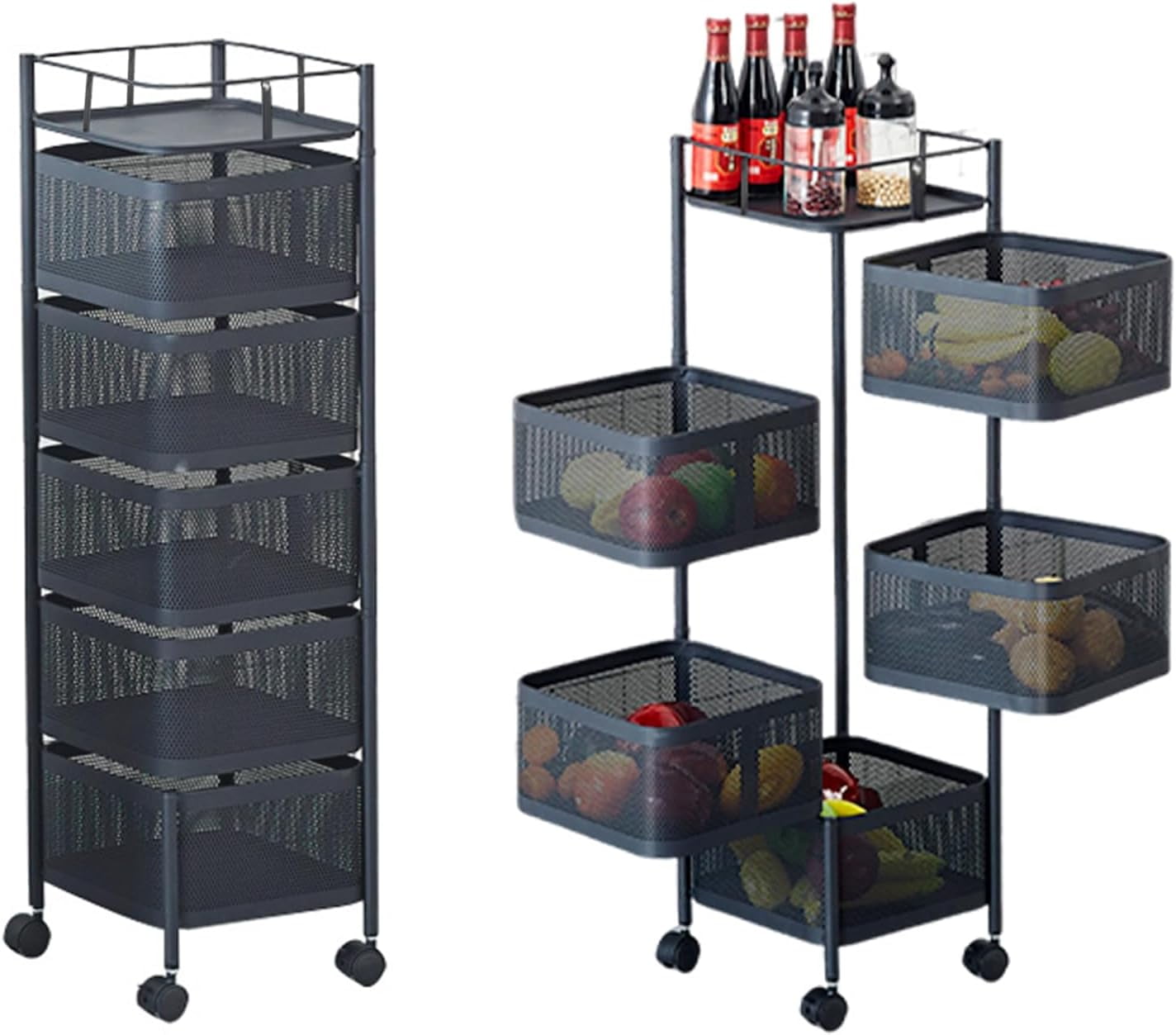 Kitchen Storage Cart, 5-Tier Fruit and Vegetable Basket Rotating ...