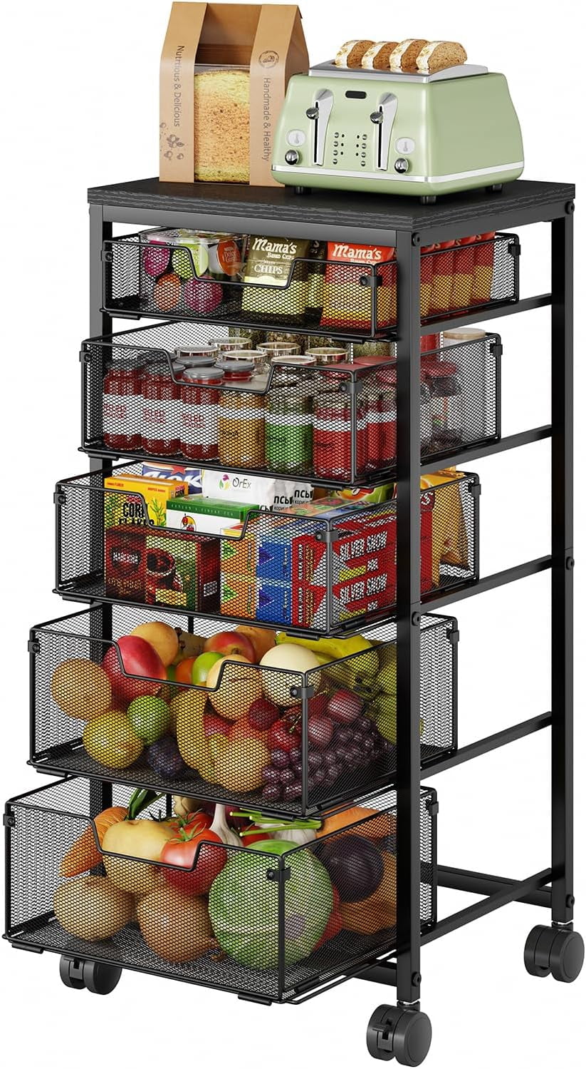Kitchen Storage Cart with Drawer, 5-Tier Fruit Vegetable Storage Cart ...