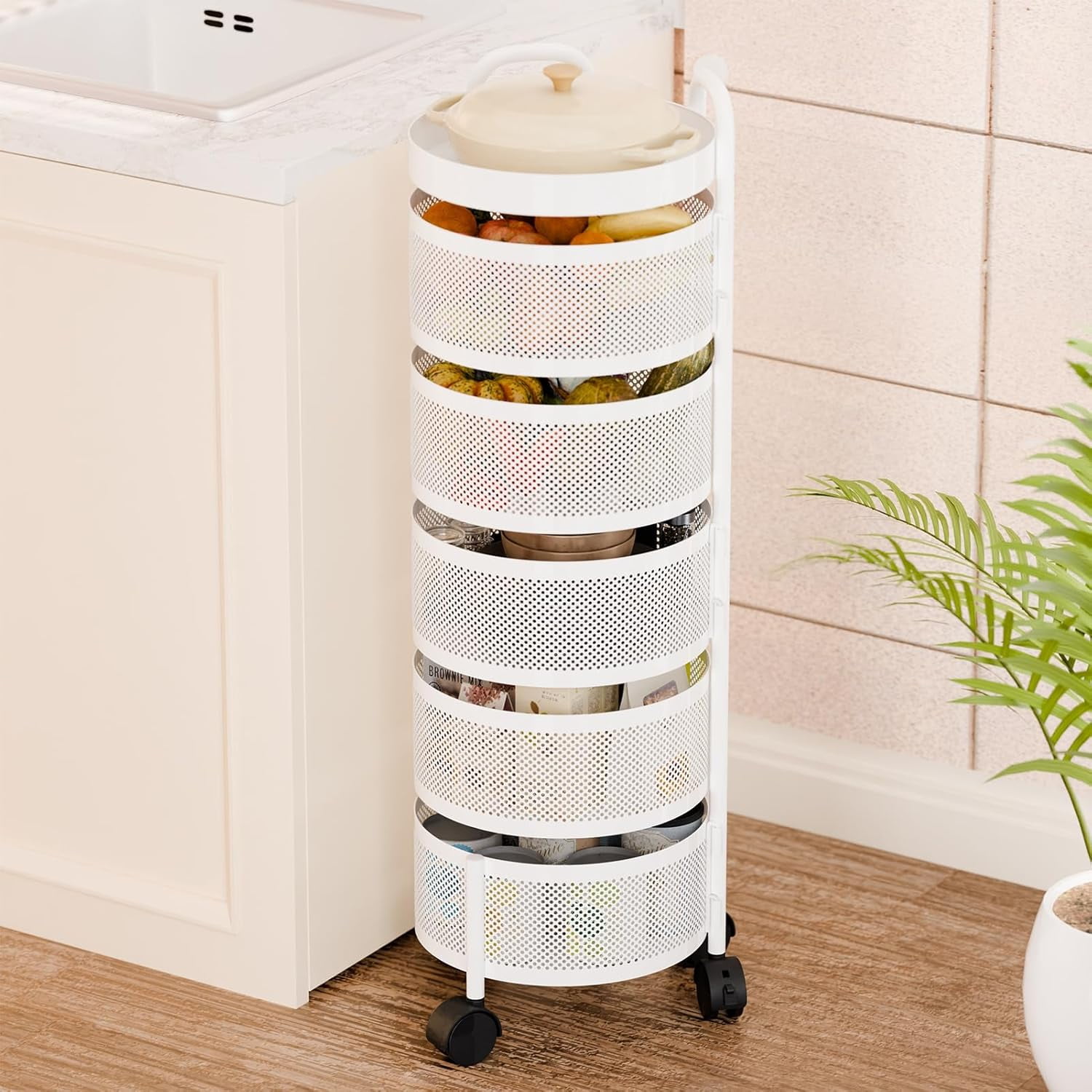 Kitchen Storage Cart, Rotating Storage Rack Fruit Vegetable Basket ...