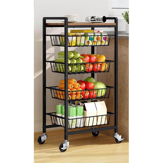 Kitchen Storage Cart with Tabletop, Rolling Snack Cart with Lockable ...