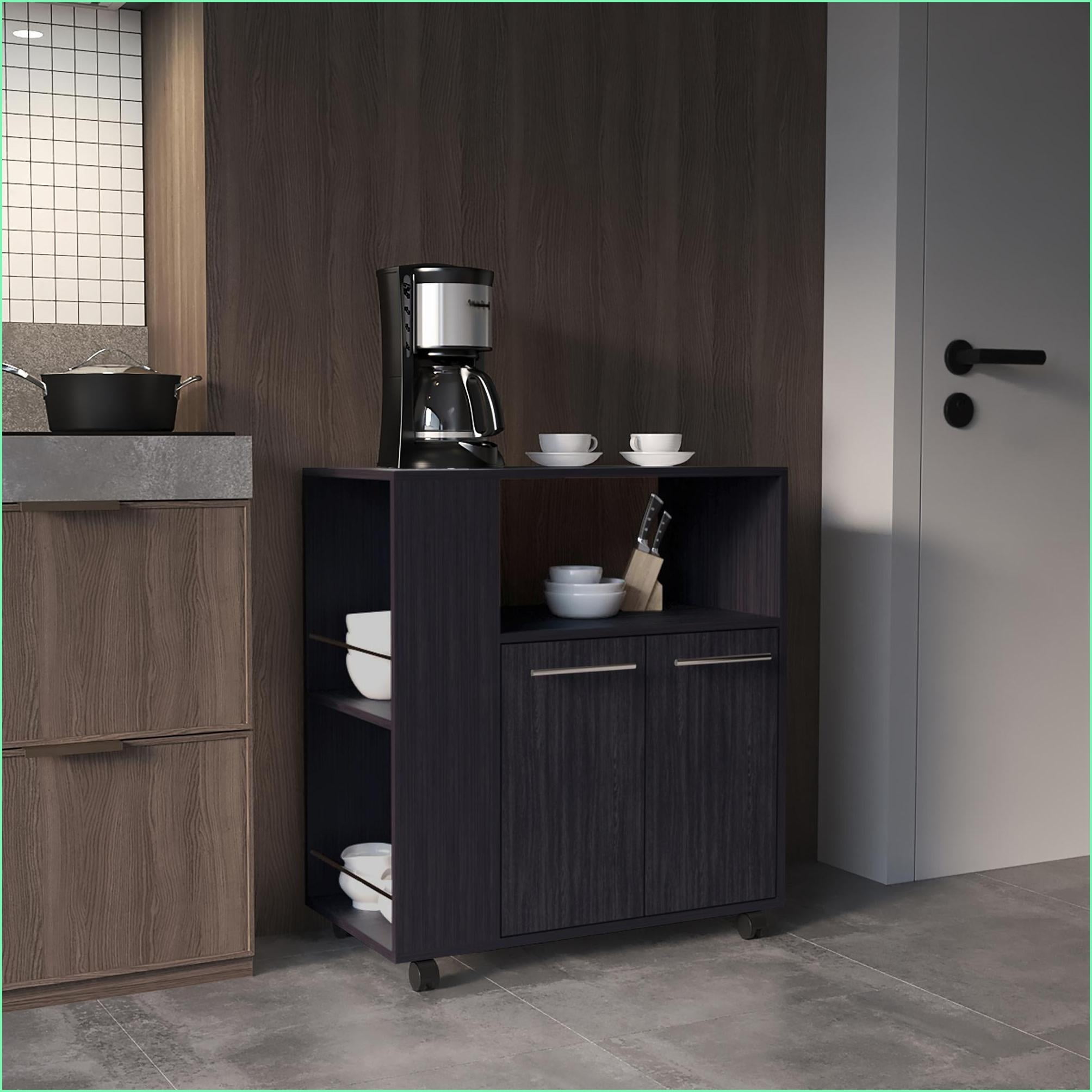 Kitchen Storage Cart: Two-Door Cabinet, 4 Shelves, Side Shelves, Black ...