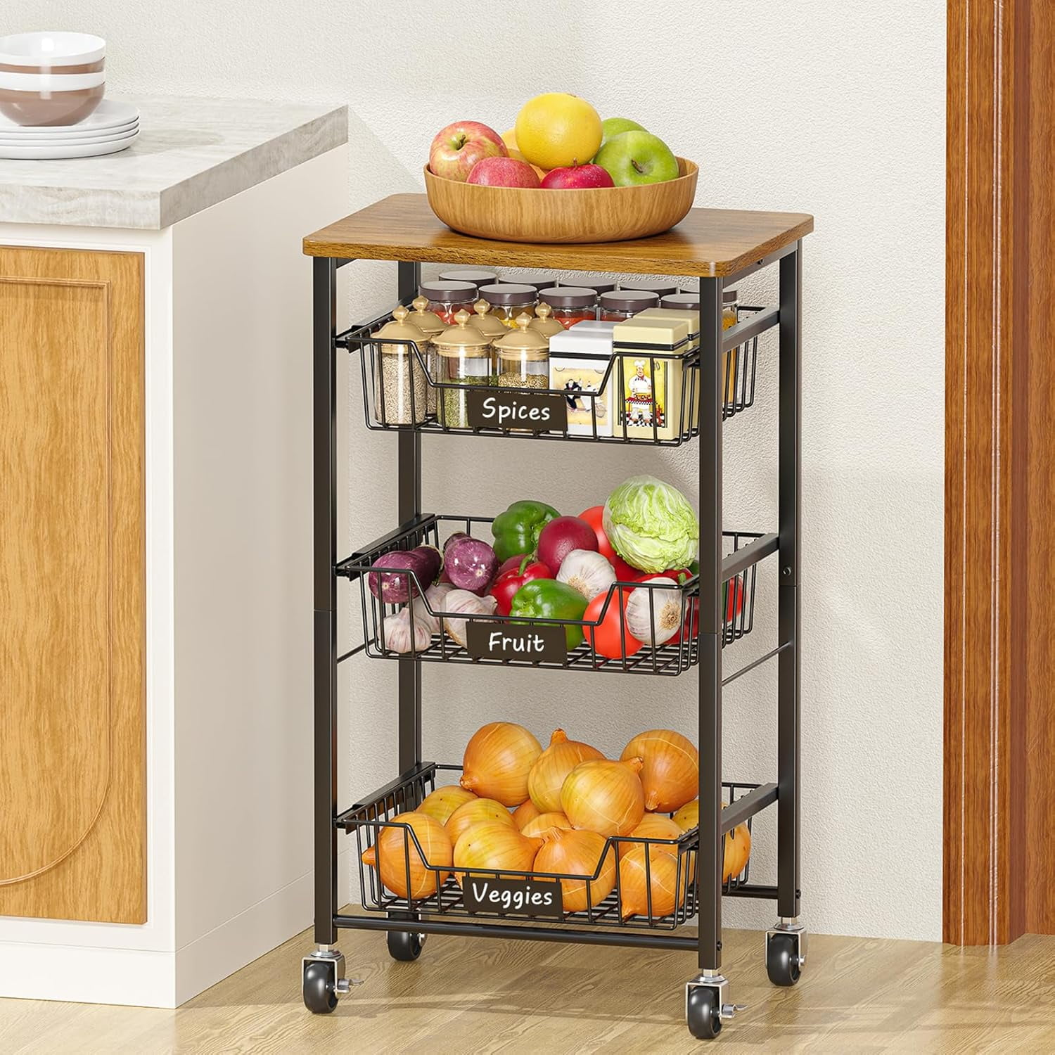 Kitchen Storage Cart with Wheels, 4-Tier Metal Utility Rolling Cart ...