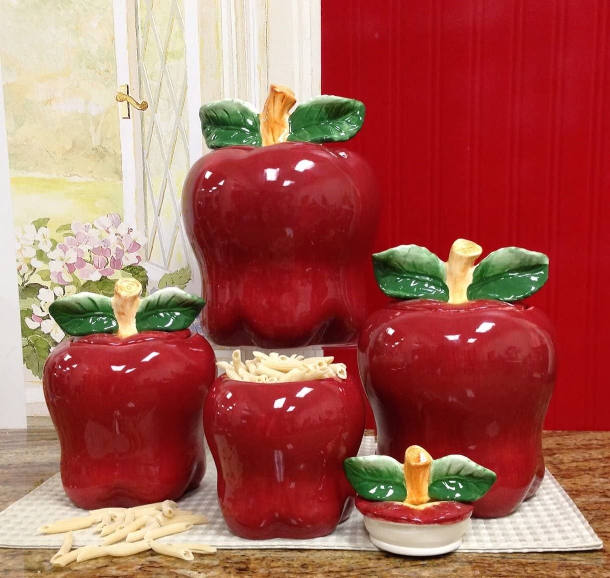 Kitchen Storage Jar, 4PCs Apple Shaped Red Hand Painted Ceramic ...