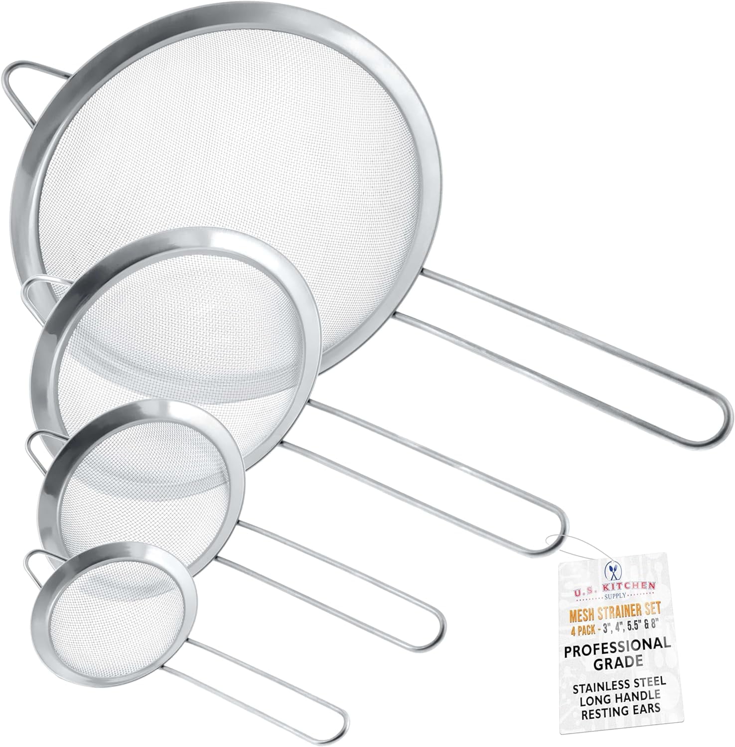 Kitchen Supply Set of 4 Fine Mesh Stainless Steel Strainers with Wide ...