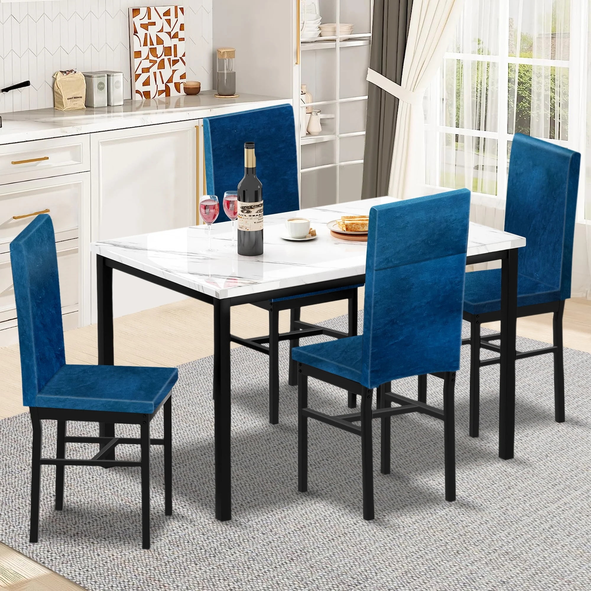 5-Piece Room Dinette Set - Faux Marble Top Kitchen Table with Metal ...