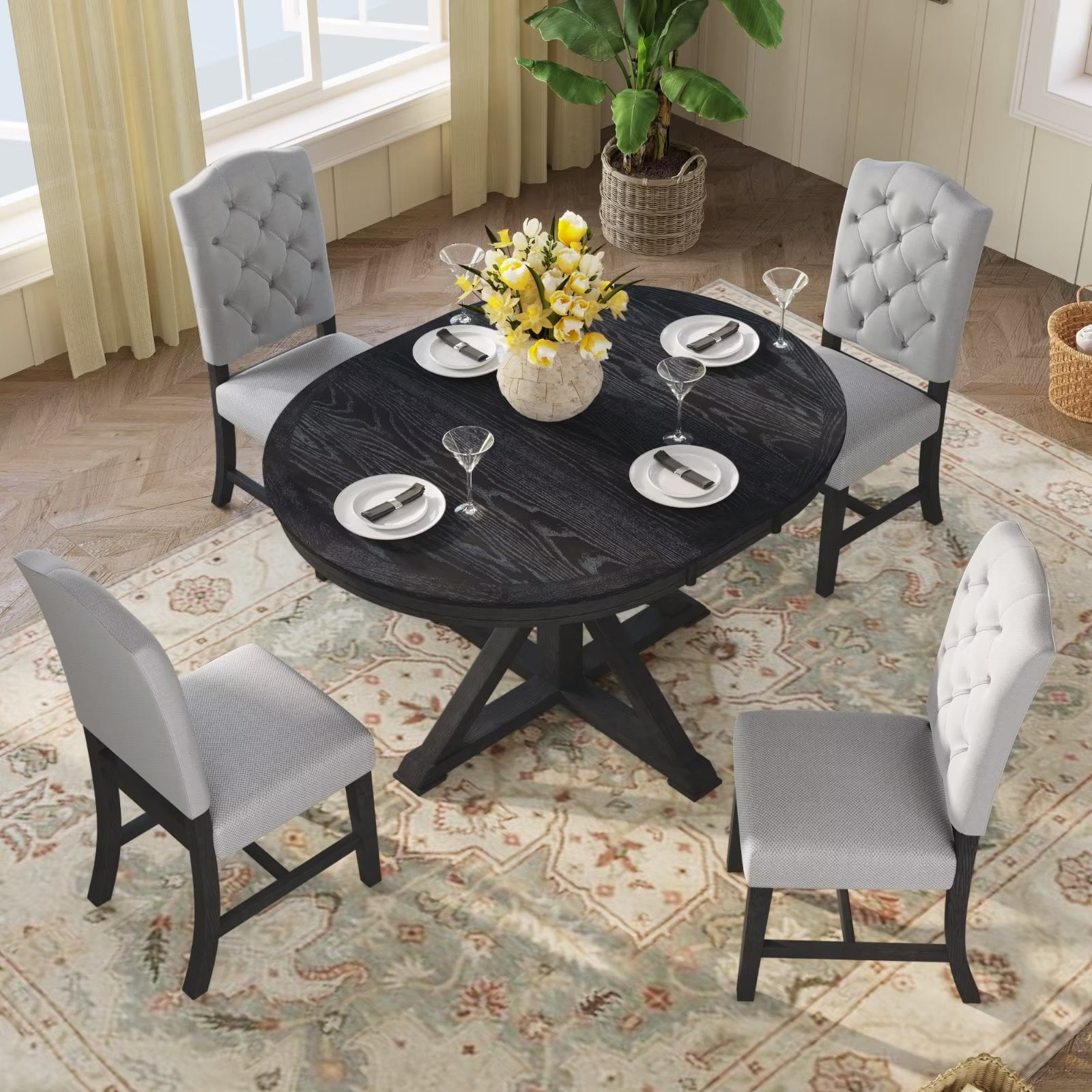 Kitchen Table Chair Set, Set of 5, Round Table Convertible to Oval ...