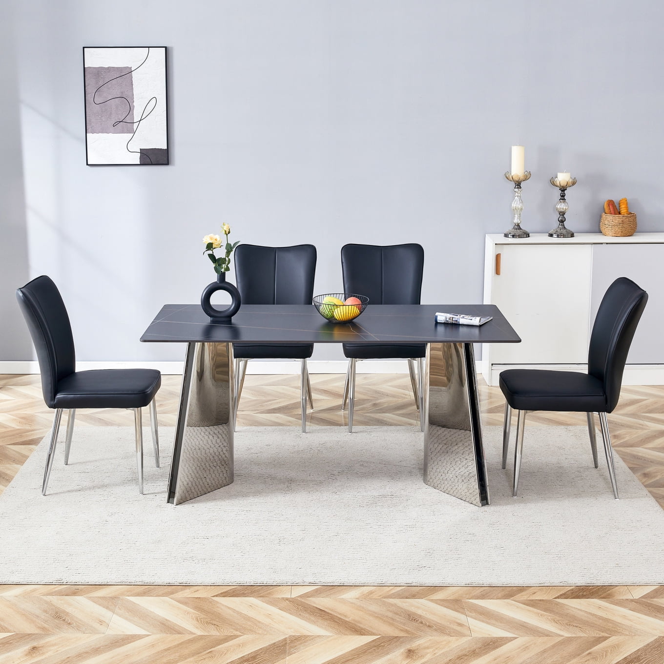 Kitchen Table Chairs Set, Rock Plate Tabletop Dinner Table with Steel ...