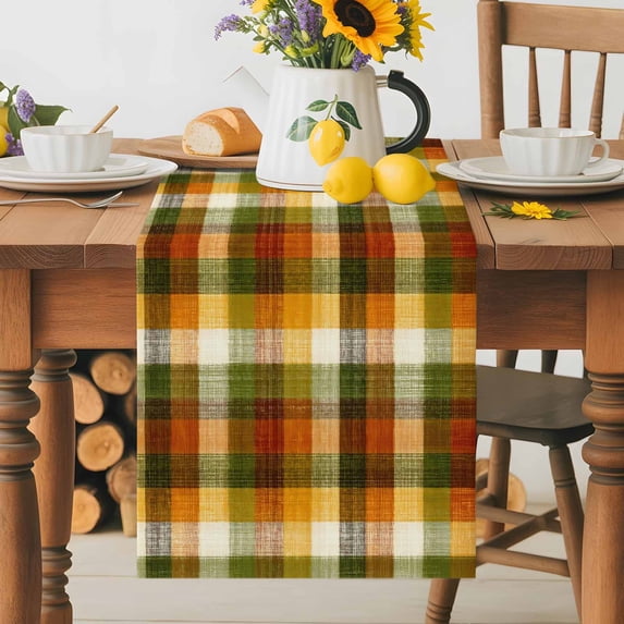 Kitchen Table Runner 70 Inches Long, Orange Green Gingham Grid Cotton ...