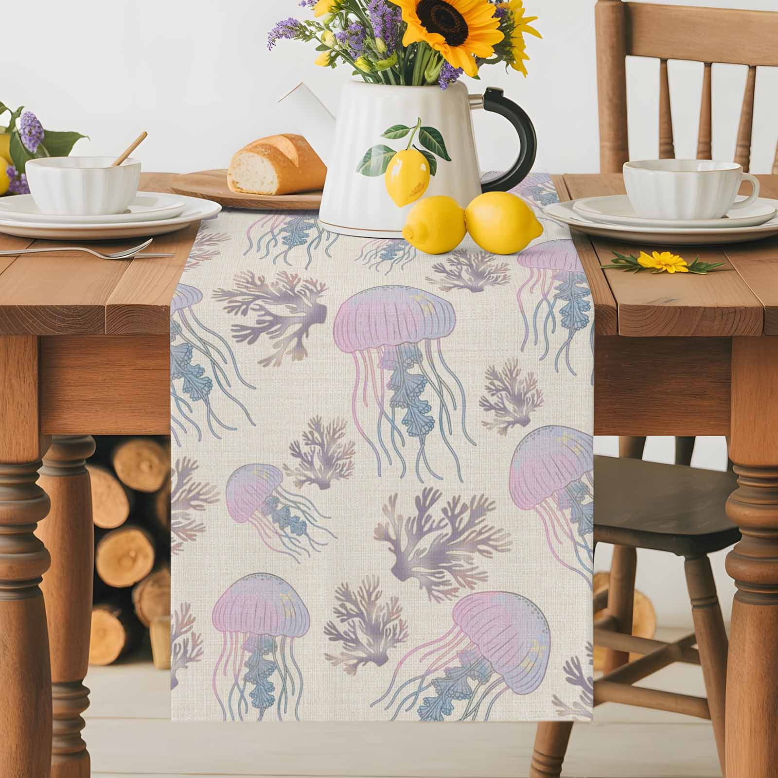 Kitchen Table Runner 70 Inches Long, Summer Ocean Pink Jellyfish Cotton ...
