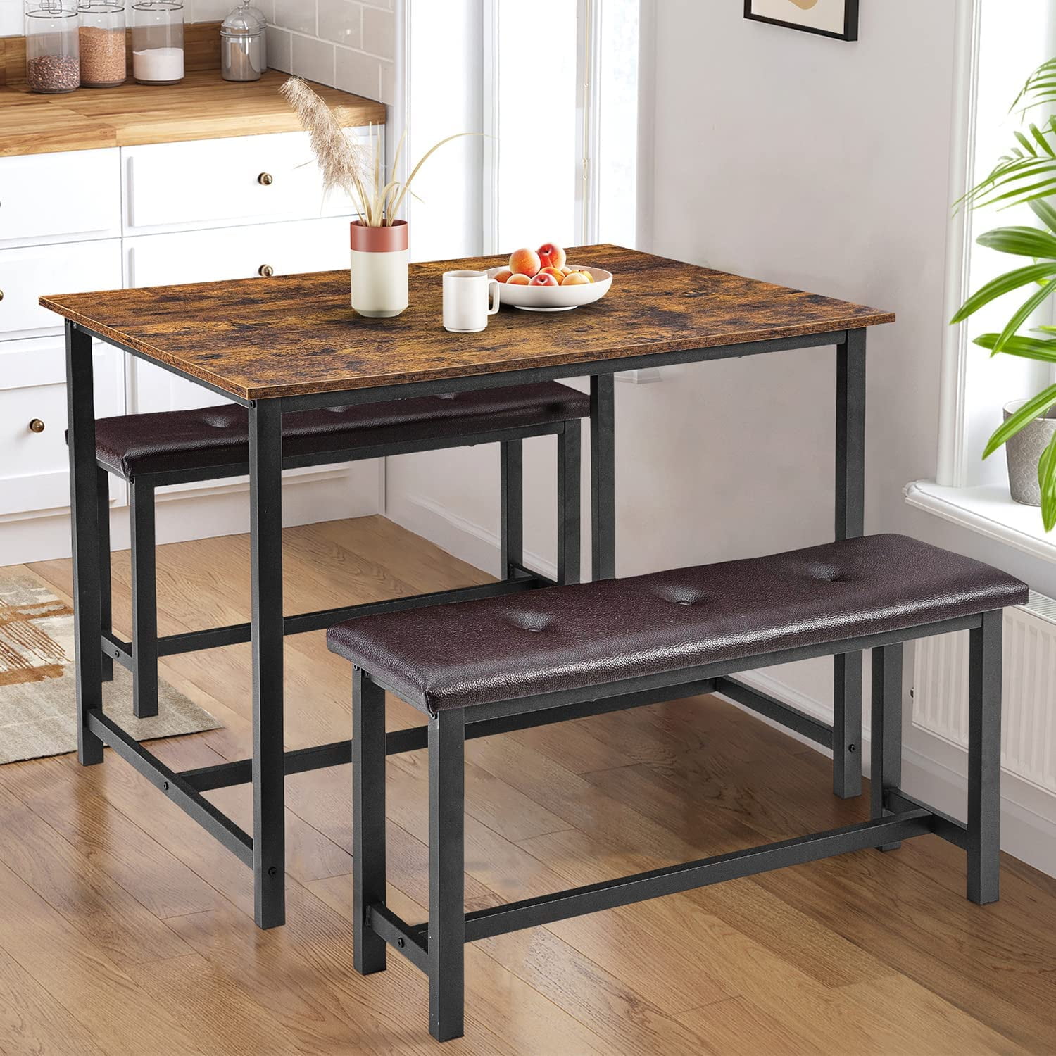 Kitchen Table Set, Dining Room Table Set for 4 with Upholstered Benches ...