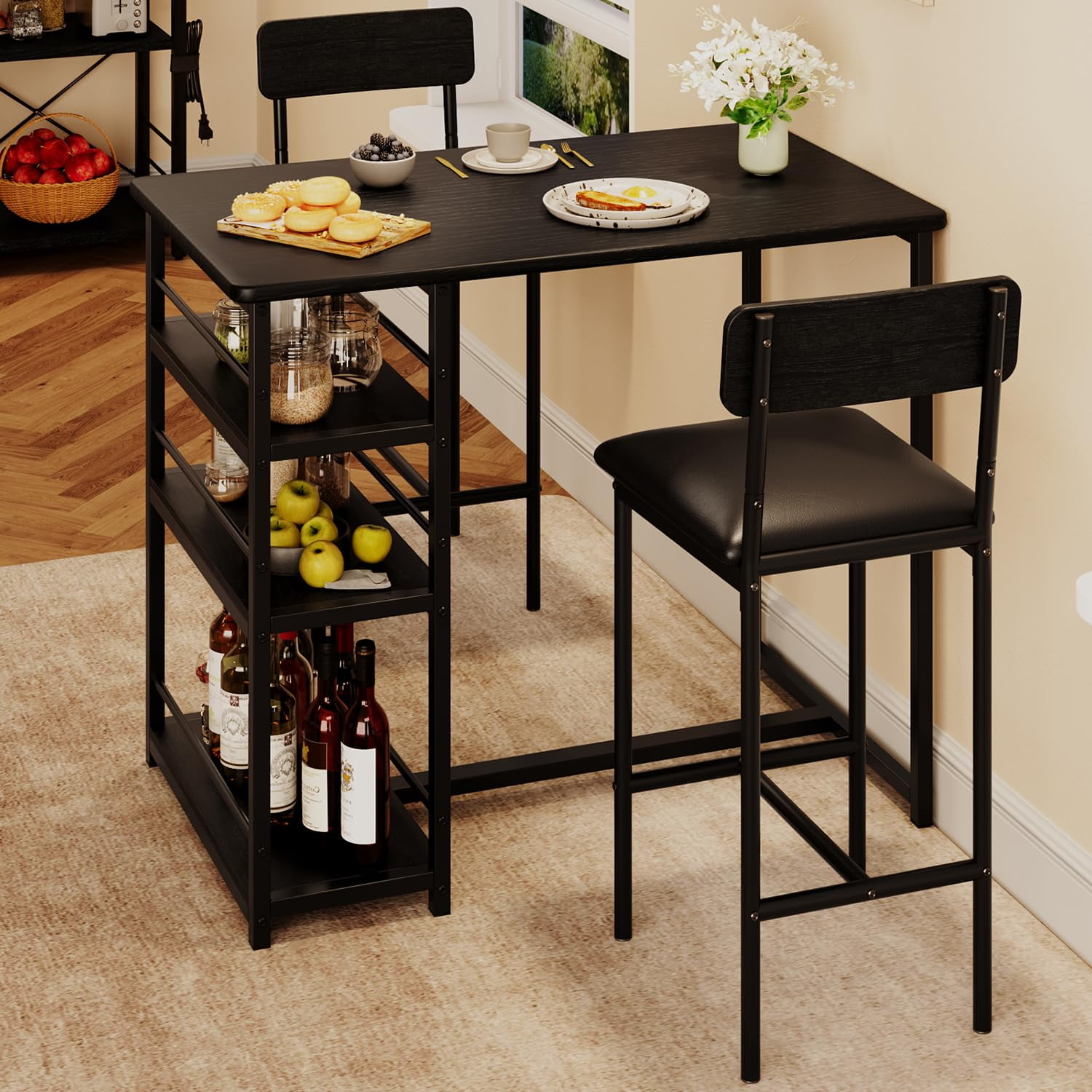 Kitchen Table Set, Dining Table and Chairs for 2 with Storage Shelf ...