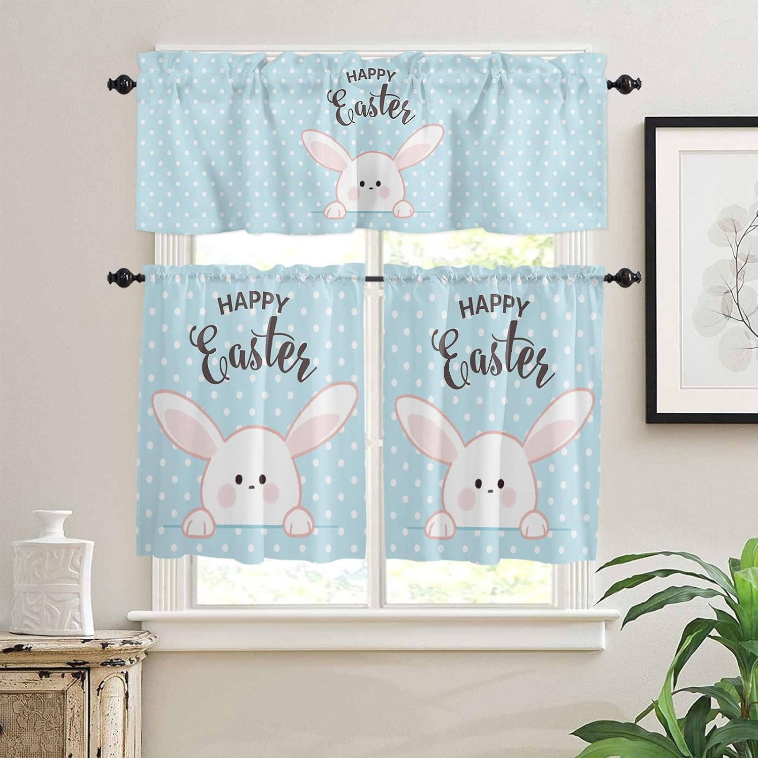 Kitchen Tier Curtains and Valance Set, Happy Easter Cute Rabbit Blue ...