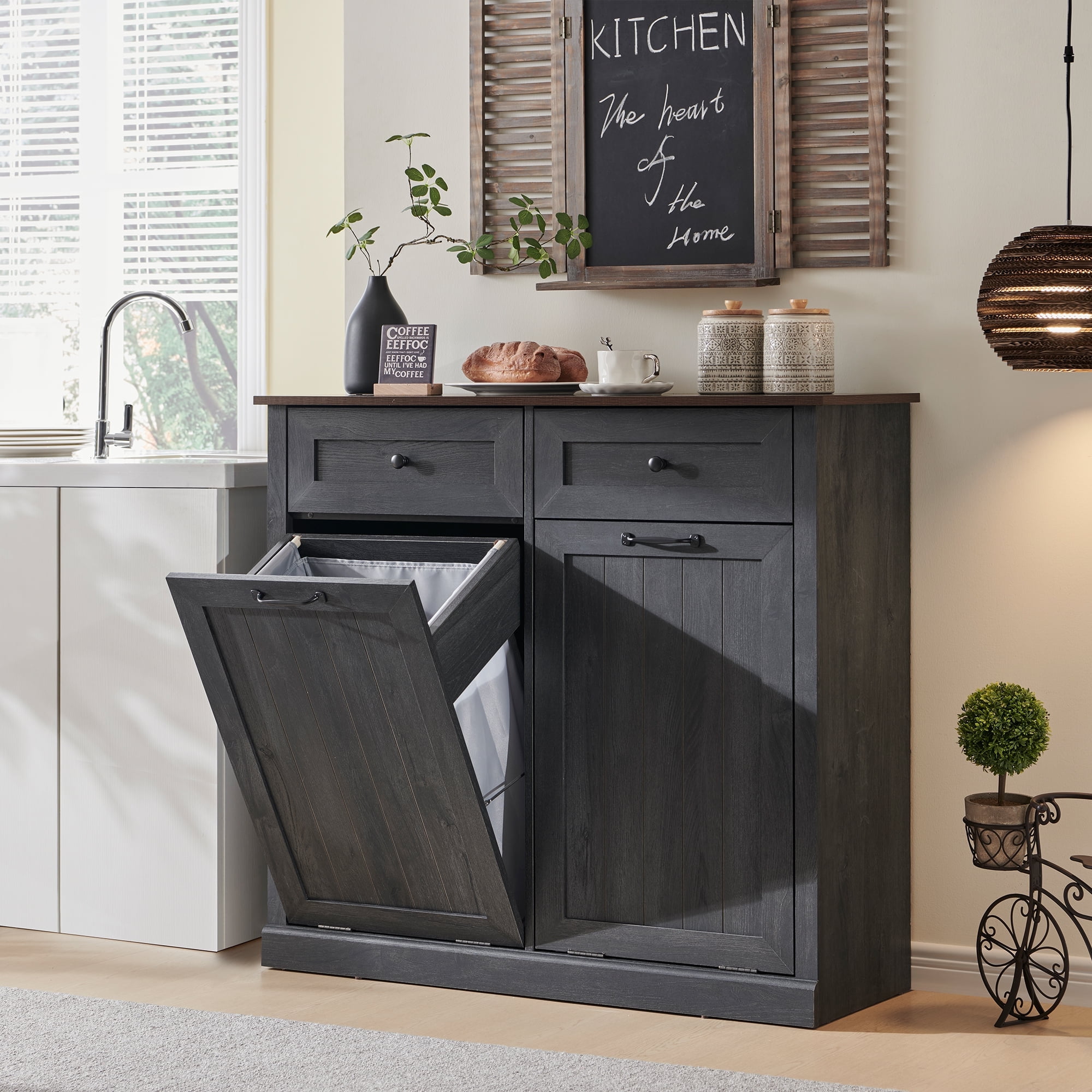 SinCiDo Kitchen Tilt Out Trash Can Cabinet, Double Hideaway Garbage Can ...