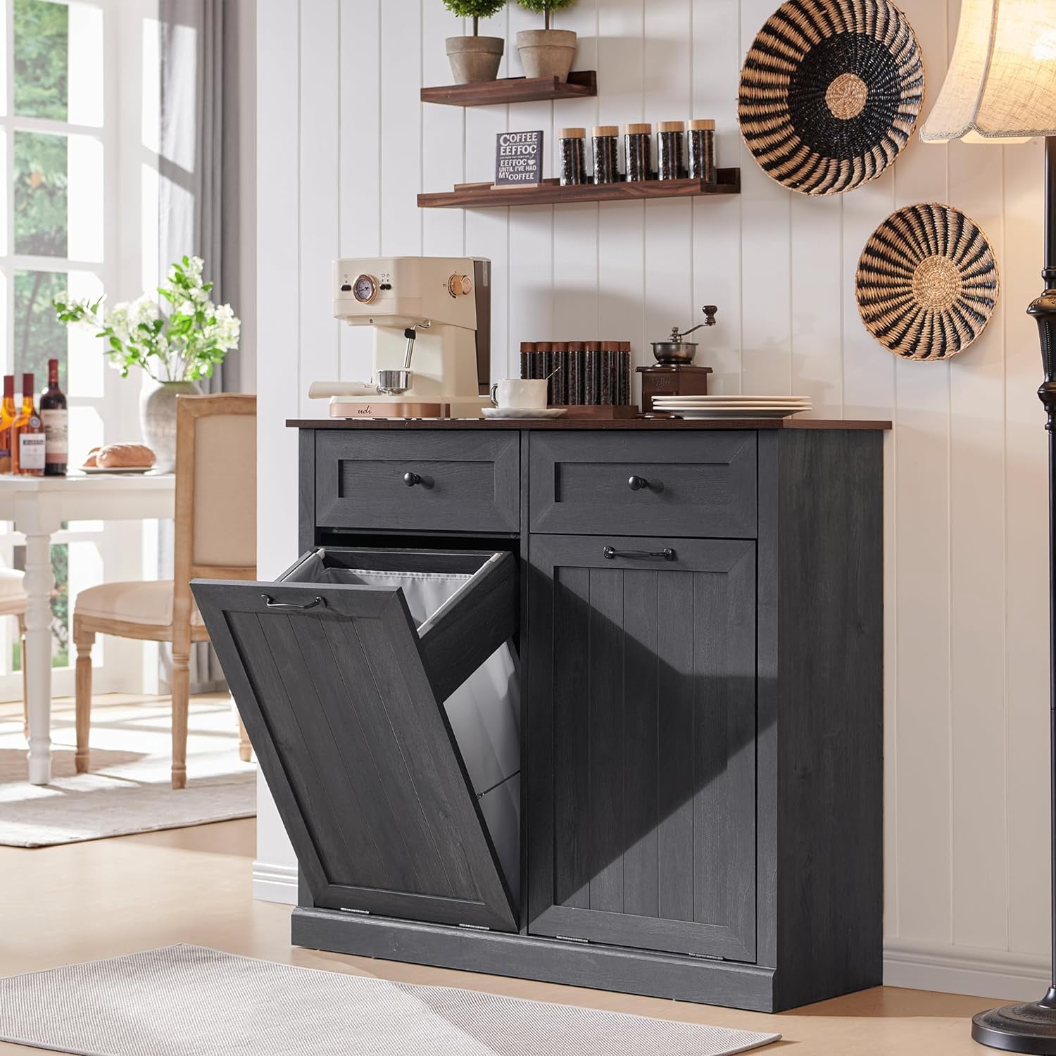 Kitchen Tilt Out Trash Can Cabinet, Double Hideaway Garbage Can with ...