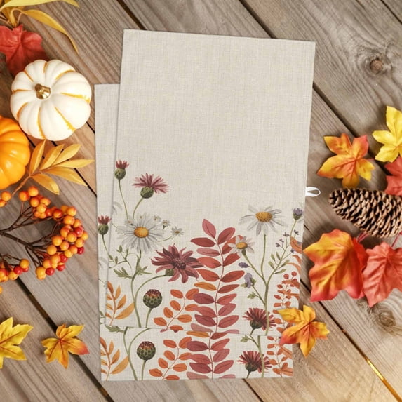 Kitchen Towel Thanksgiving Fall Daisy Flower Leaves Watercolor Dish ...