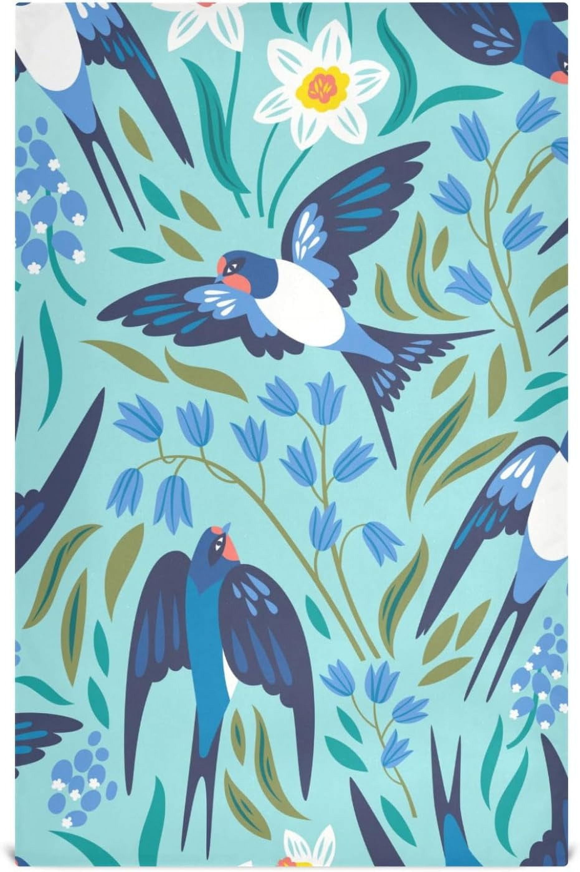 Kitchen Towels Flying Swallows and Spring Flowers Pattern Cleaning ...