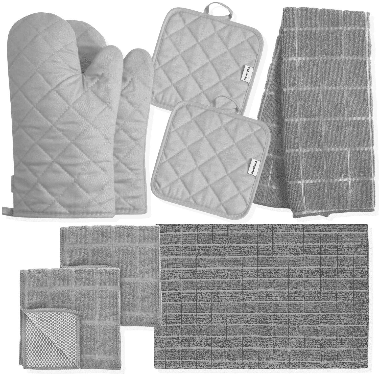 Osnell USA 8-Piece Kitchen Set: Gray Towels, Potholders, Scrubbers ...