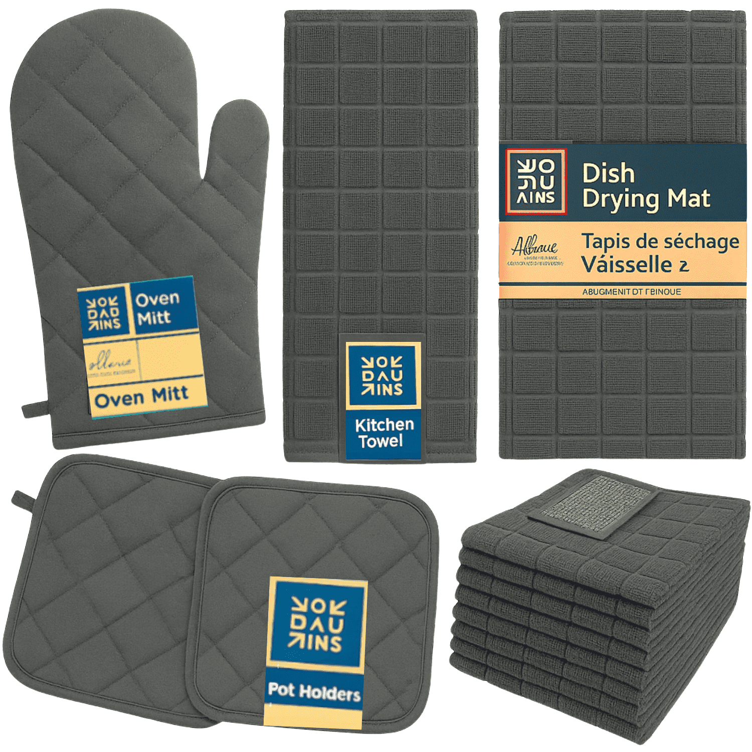 Osnell USA 8-Piece Kitchen Set: Gray Towels, Potholders, Scrubbers ...