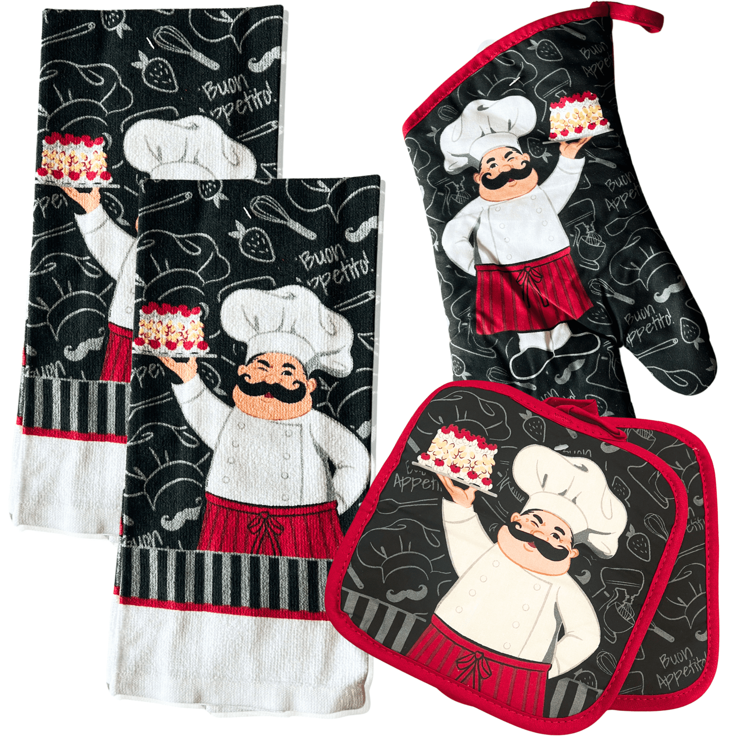 Chef-Themed Kitchen Towel Set - Pot Holders, Oven Mitt, Dish Towel ...