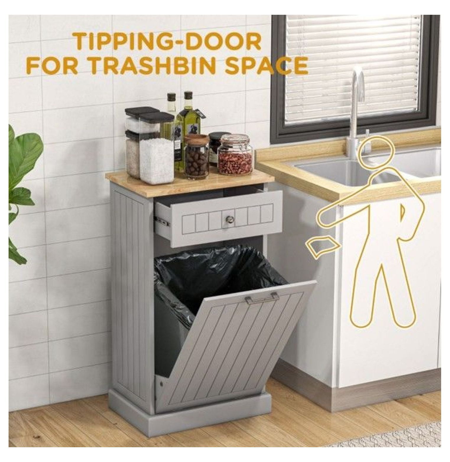 Kitchen Trash Bin Cabinet - Free Standing Recycling Cabinet with Drawer ...