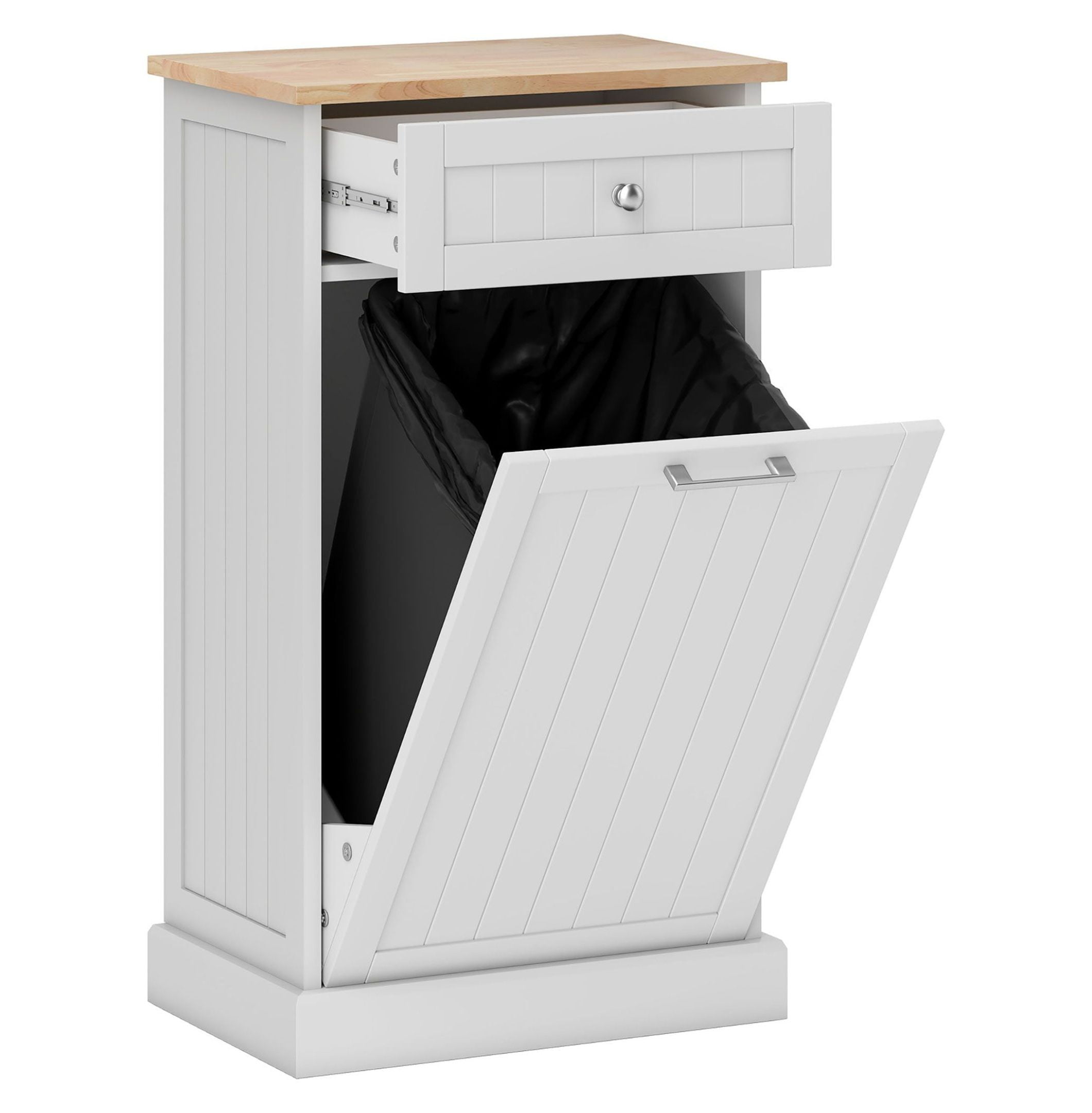Kitchen Trash Bin Cabinet, White Free Standing Recycling Can Holder ...