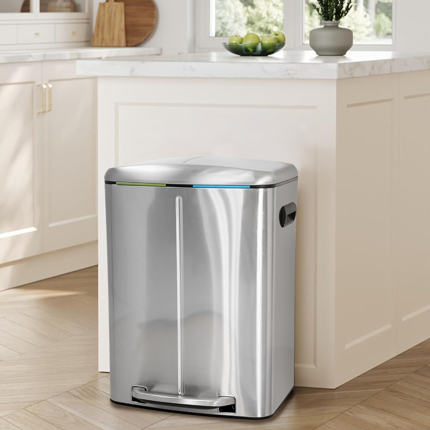 Kitchen Trash Can, 40 Liter / 10 Gallon Dual With Soft Close Lid, Stainless Steel With Foot ...
