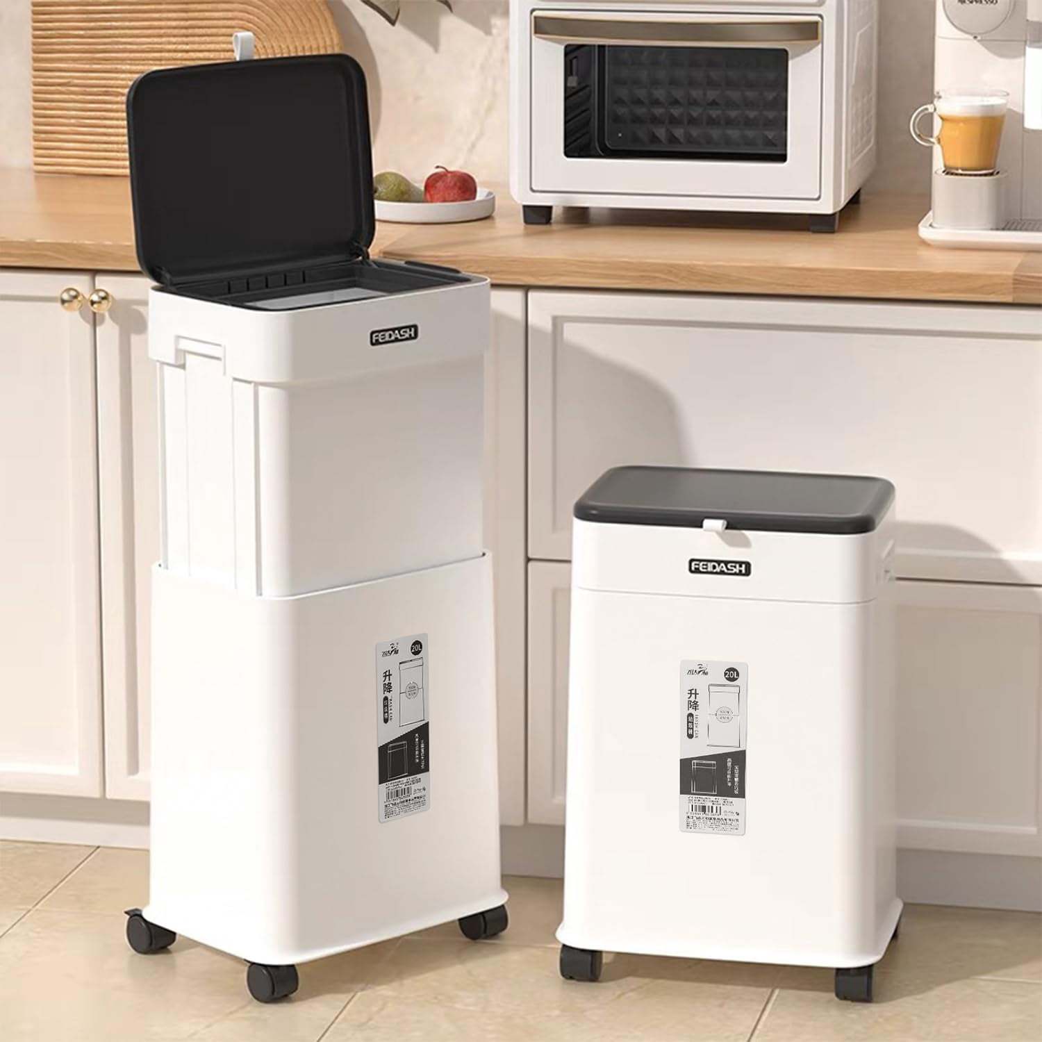 Kitchen Trash Can with Lid, Adjustable Height 20L/5.3Gal Rolling ...