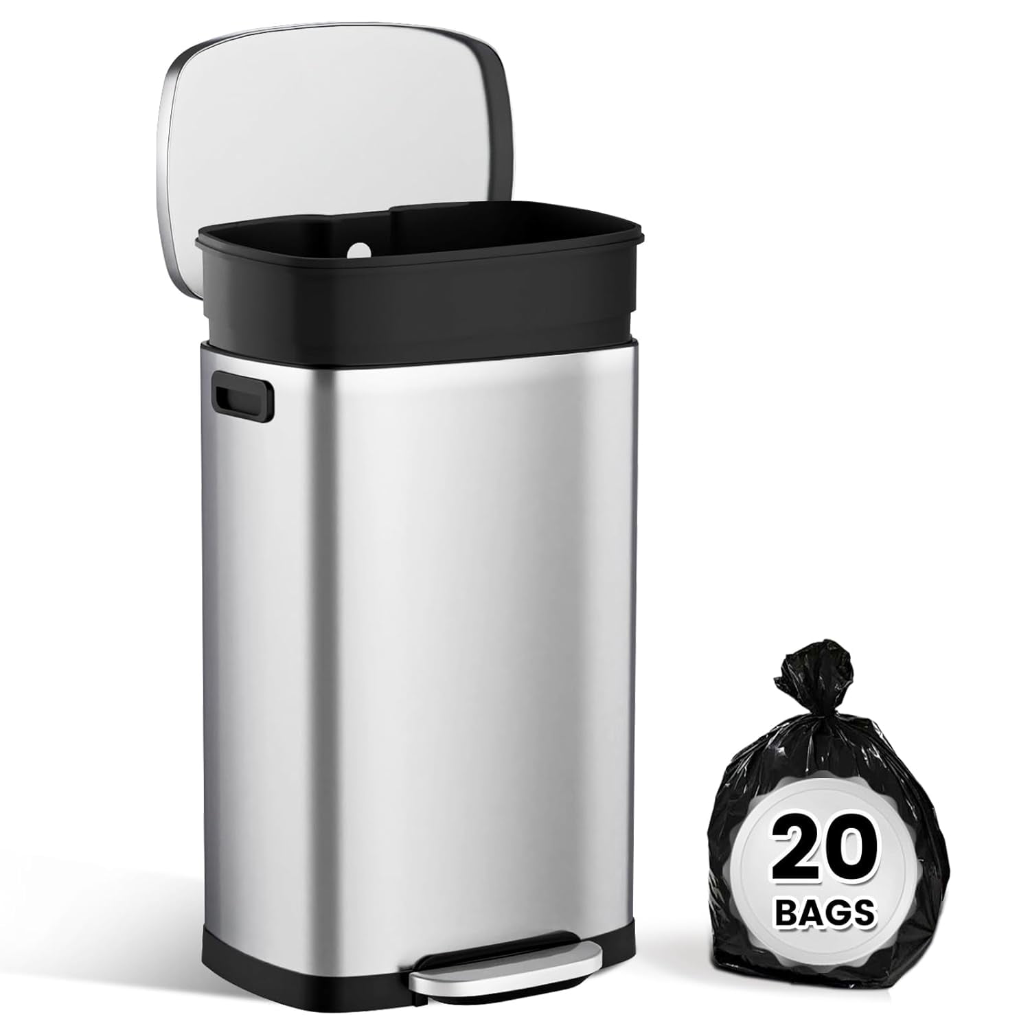 Kitchen Trash Can with Lid Soft Close, Stainless Steel Step Rubbish Bin ...