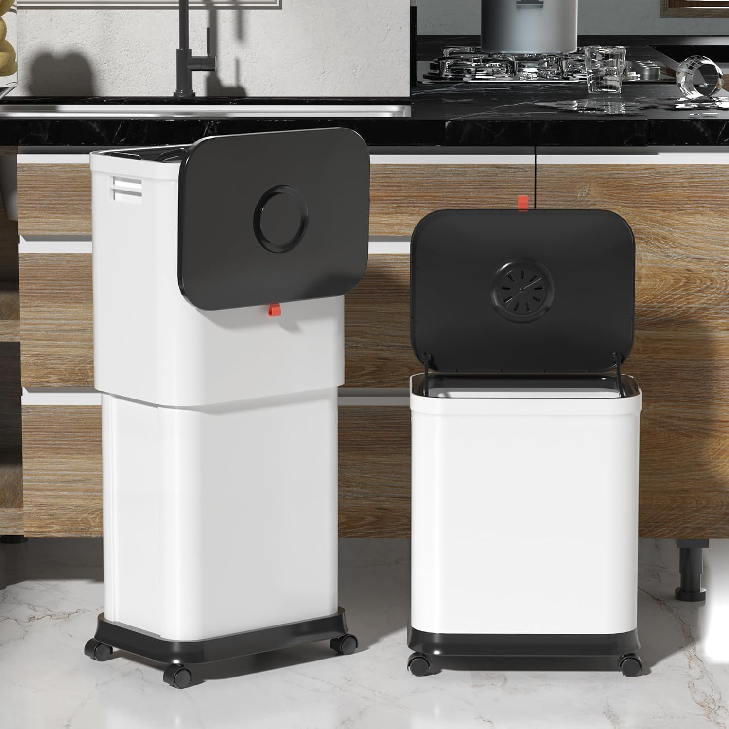 Kitchen Trash Can with Wheels,Adjustable Capacity 20L to 45L Rolling Trash Bin, Plastic Narrow ...