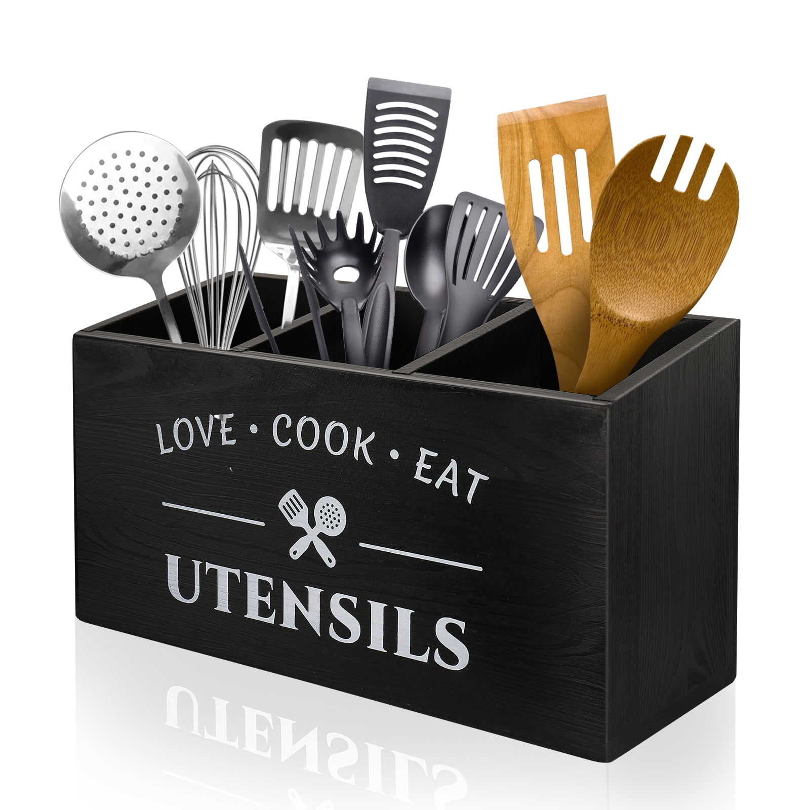 Rustic 3-Compartment Wooden Kitchen Utensil Holder, Vintage Cutlery ...