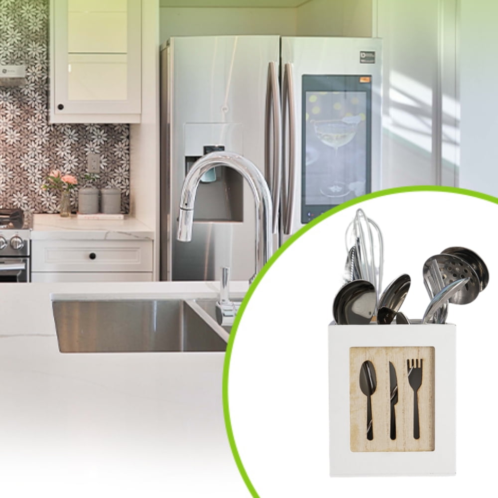 Kitchen Utensil Holder with 4 Compartments, Rustic Wooden Storage ...