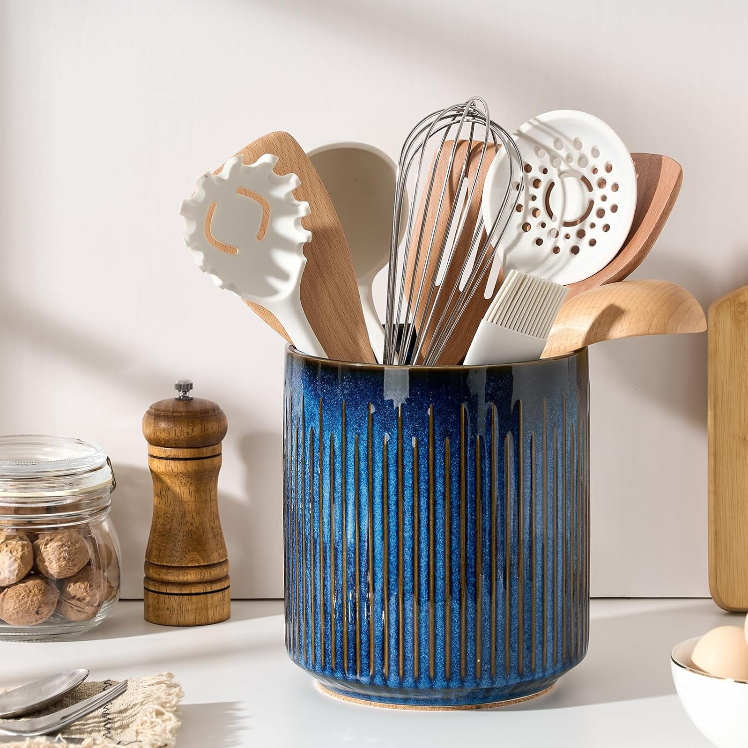 Kitchen Utensil Holder, 7.2" Large Ceramic Stable Utensil Crock for ...