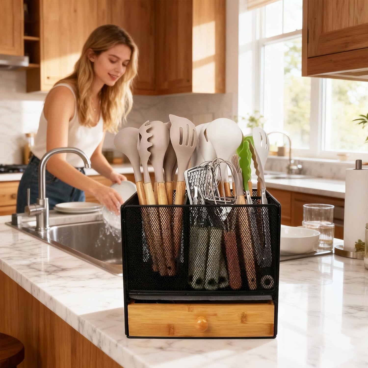 Kitchen Utensil Holder with Drawer, 2-In-1 Large Utensil Holder ...