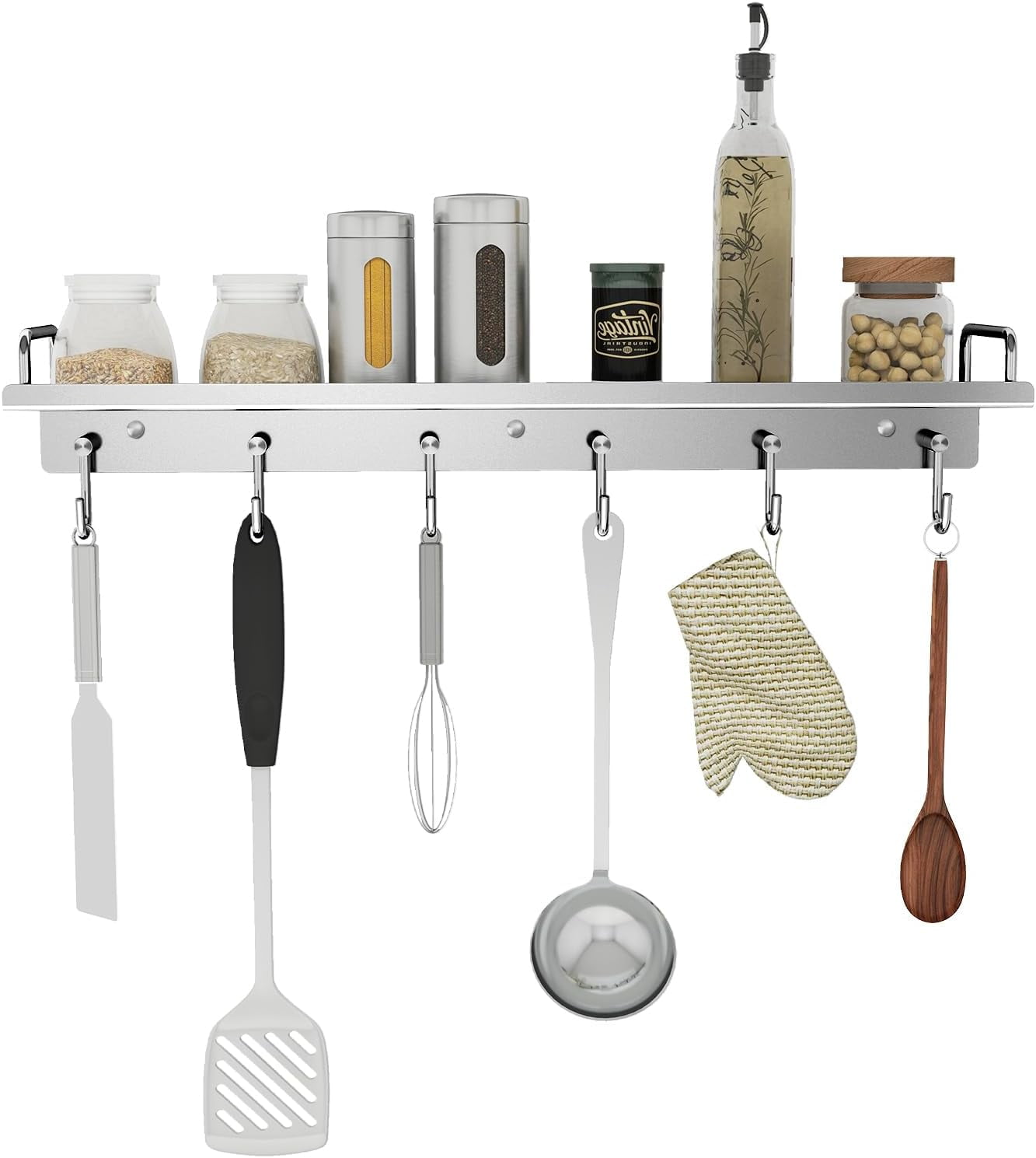 Kitchen Utensil Rack, 19.7 inch Spice Rack with 6 Hooks Wall Mount ...
