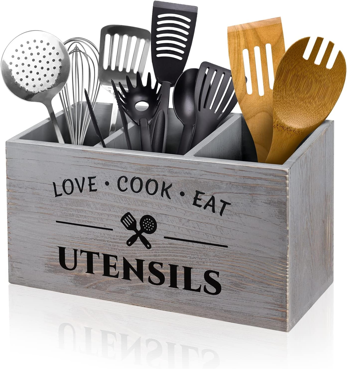Kitchen Utensil Rack with 3 Compartments, Rustic Wooden Storage ...