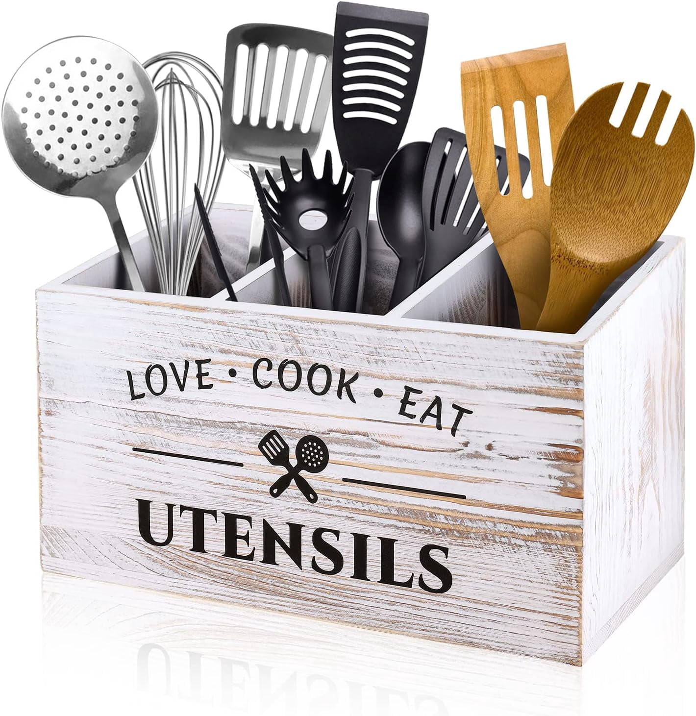 Kitchen Utensil Rack with 3 Compartments, Rustic Wooden Storage ...