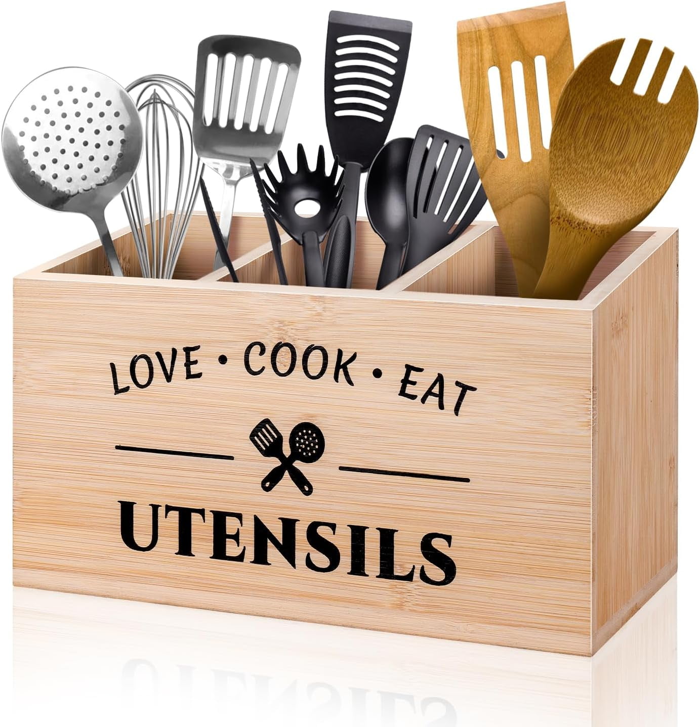 Kitchen Utensil Rack with 3 Compartments, Rustic Wooden Storage ...