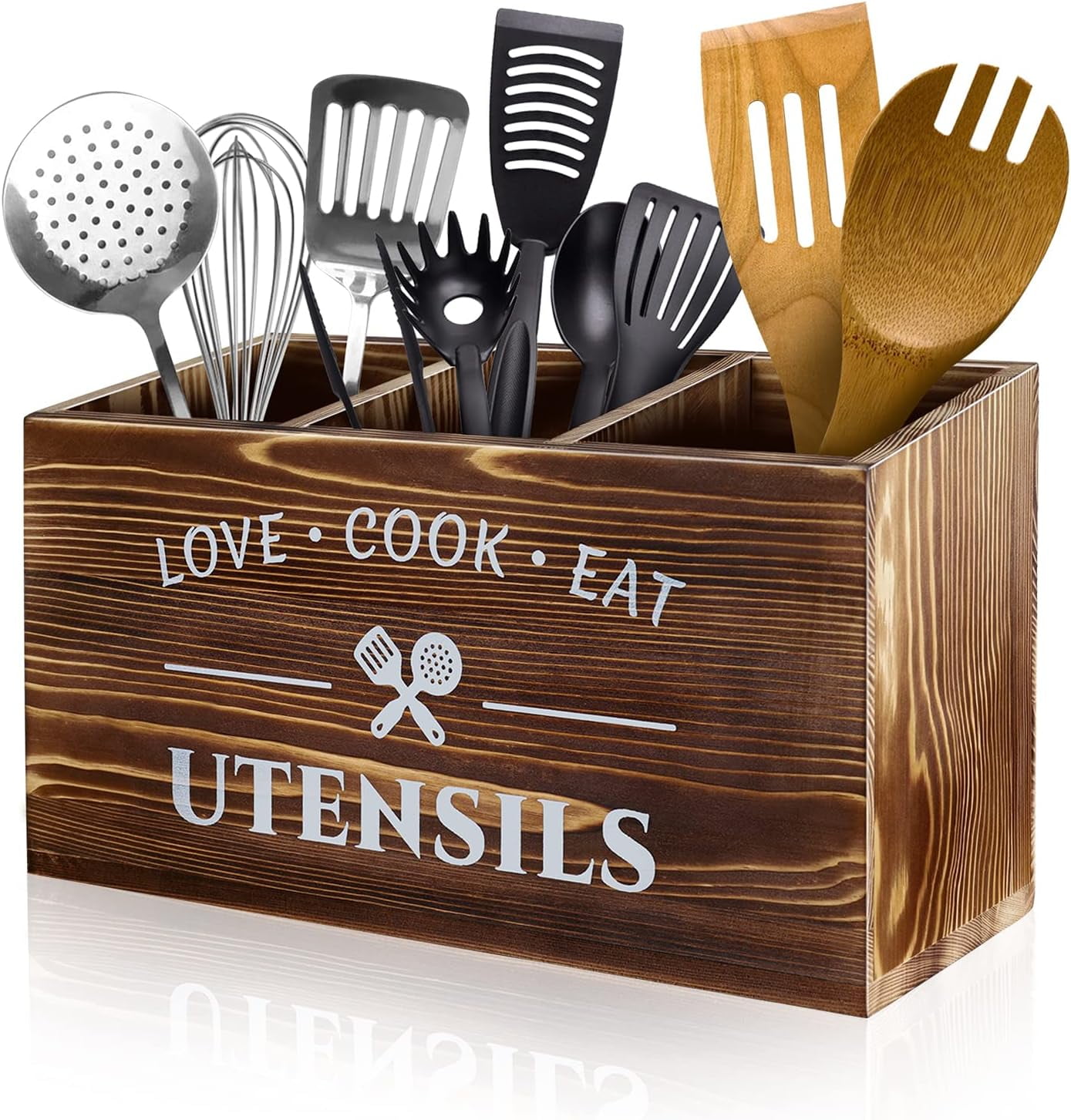 Kitchen Utensil Rack with 3 Compartments, Rustic Wooden Storage ...