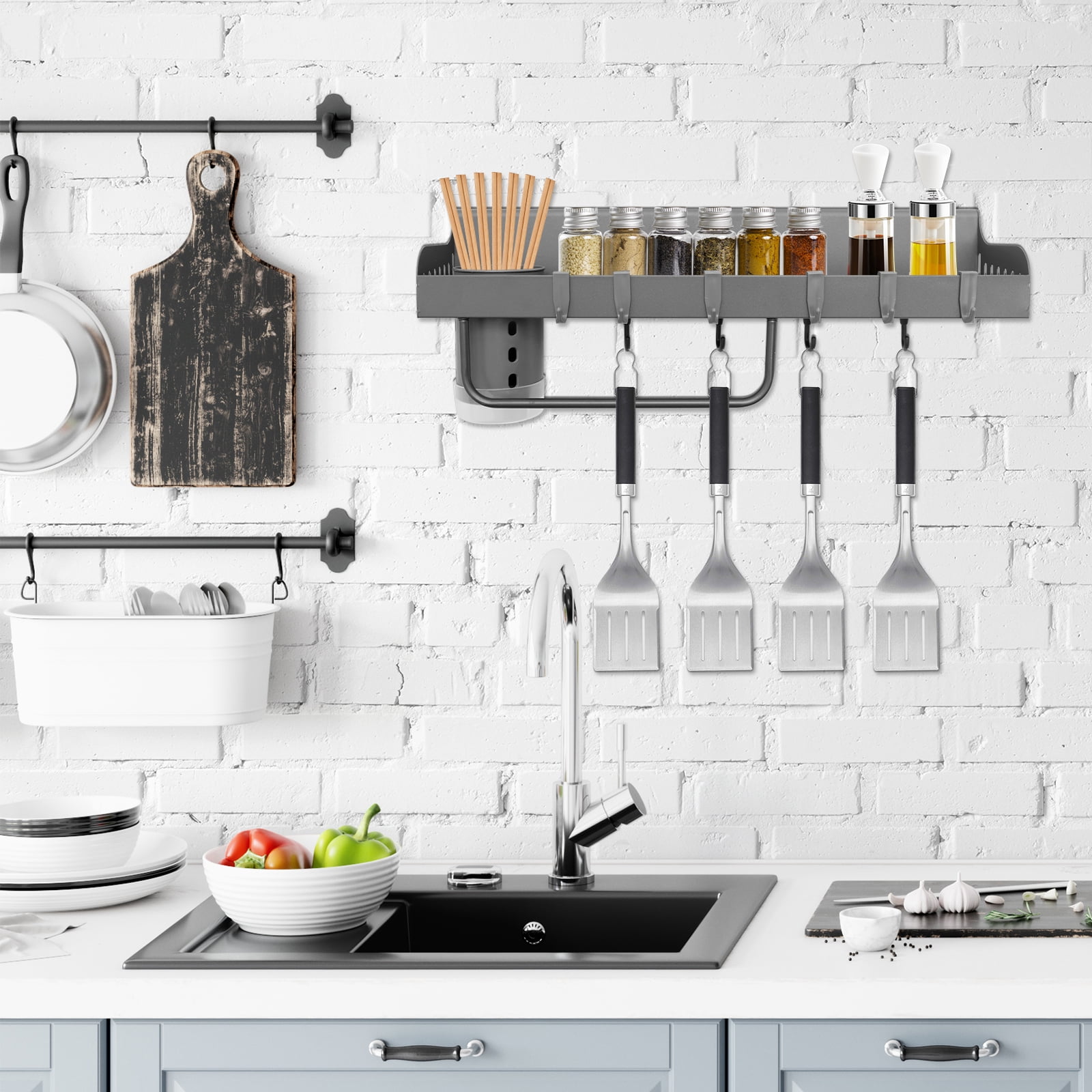 Kitchen Utensil Rack Wall Mounted Carbon Steel Spice Rack with Utensil ...