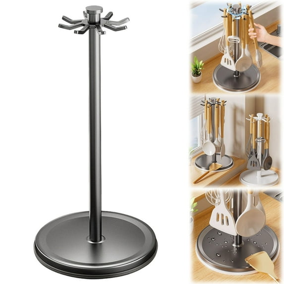Kitchen Utensil Rack With 8 Hooks, Aluminum Rotating Utensil Holder For ...