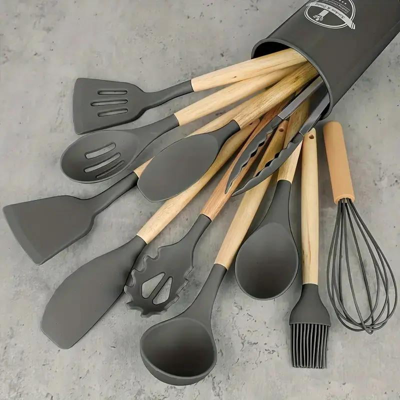 Kitchen Utensils Cookware Set, 12 piece BPA free Silicone with Wood ...