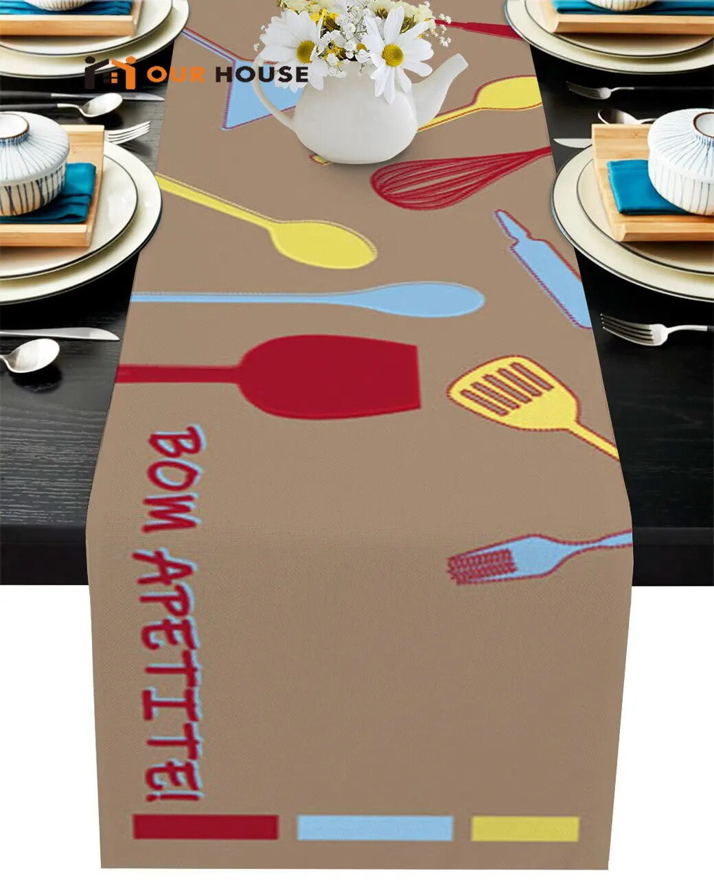 Kitchen Utensils Illustration Mats Table Runner for Coffee Home Kitchen ...