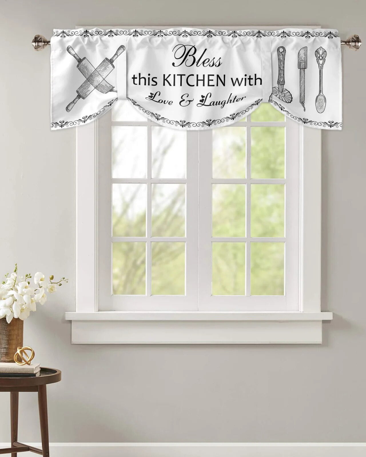 Kitchen Utensils Plaid Short Window Curtain Adjustable Tie Up Valance for Living Room Kitchen ...