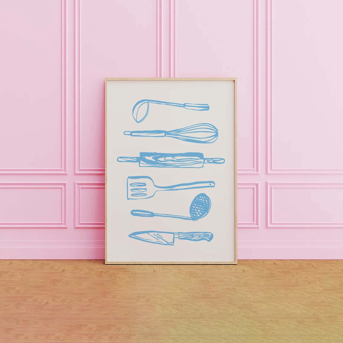 Kitchen Utensils Poster Blue Decor Neutral Foodie Art Cute Trendy Wall ...