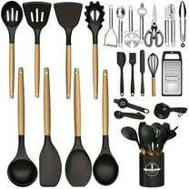 Zulay Kitchen Non-Stick Silicone Utensils Set with Acacia Wood Handles ...