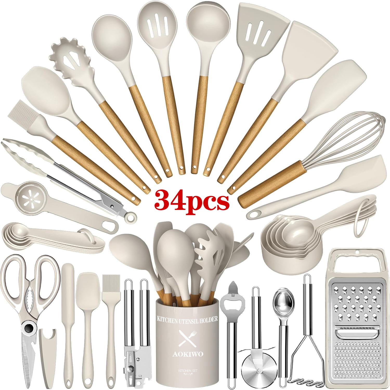Kitchen Utensils Set- 34PCS Silicone Cooking Utensils with Holder, Heat ...
