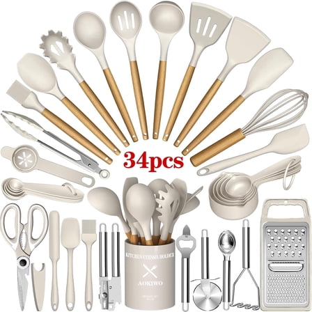 Kikcoin Cooking Utensil Set, 23 Pcs Silicone Kitchen Tools with Holder ...