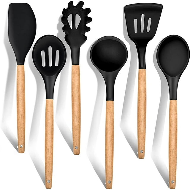 VeSteel 6-Piece Kitchen Utensils Set: Silicone, Non-Stick, Wood-Handle ...