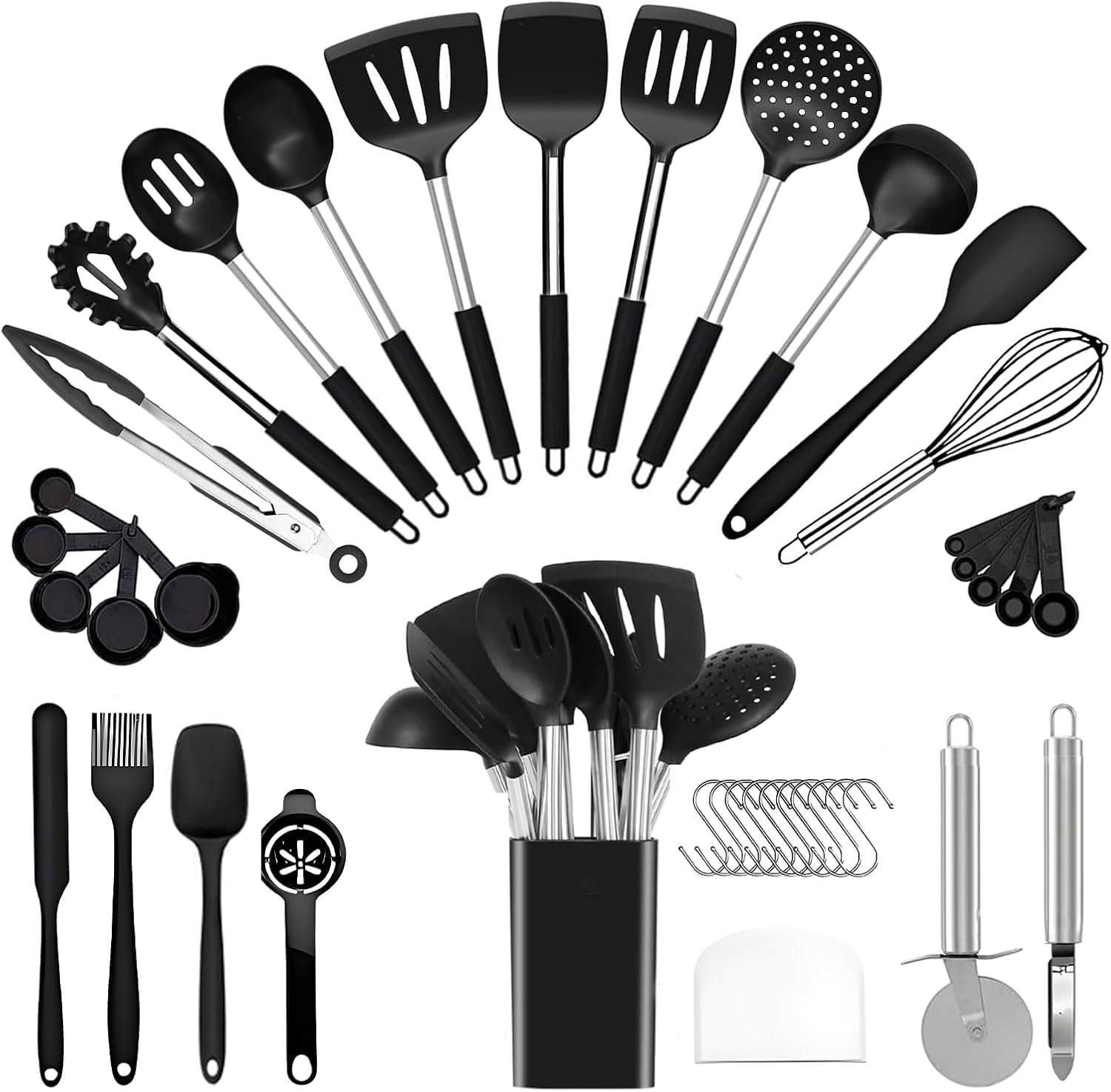 Kitchen Utensils Set Silicone Cooking, 40 Pcs Black Stainless Steel ...