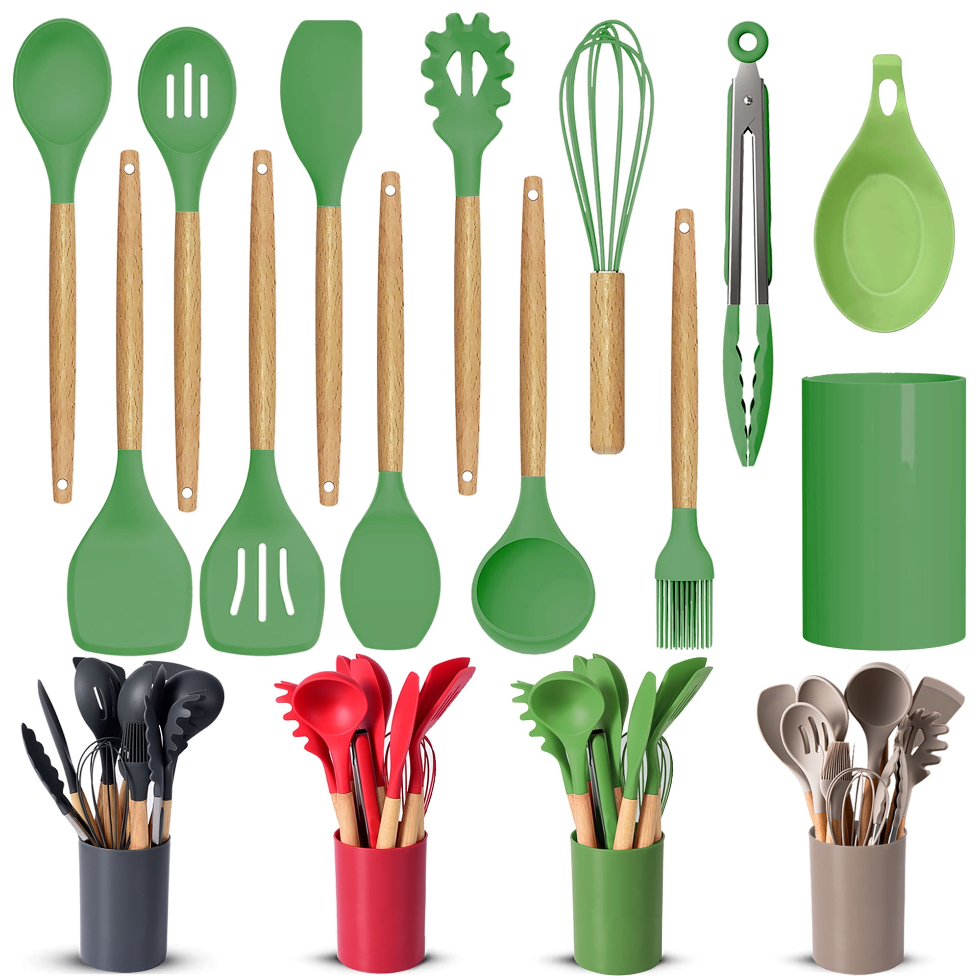 Smasener Kitchen Utensils Set, Non-Stick Avocados Green Silicone with ...